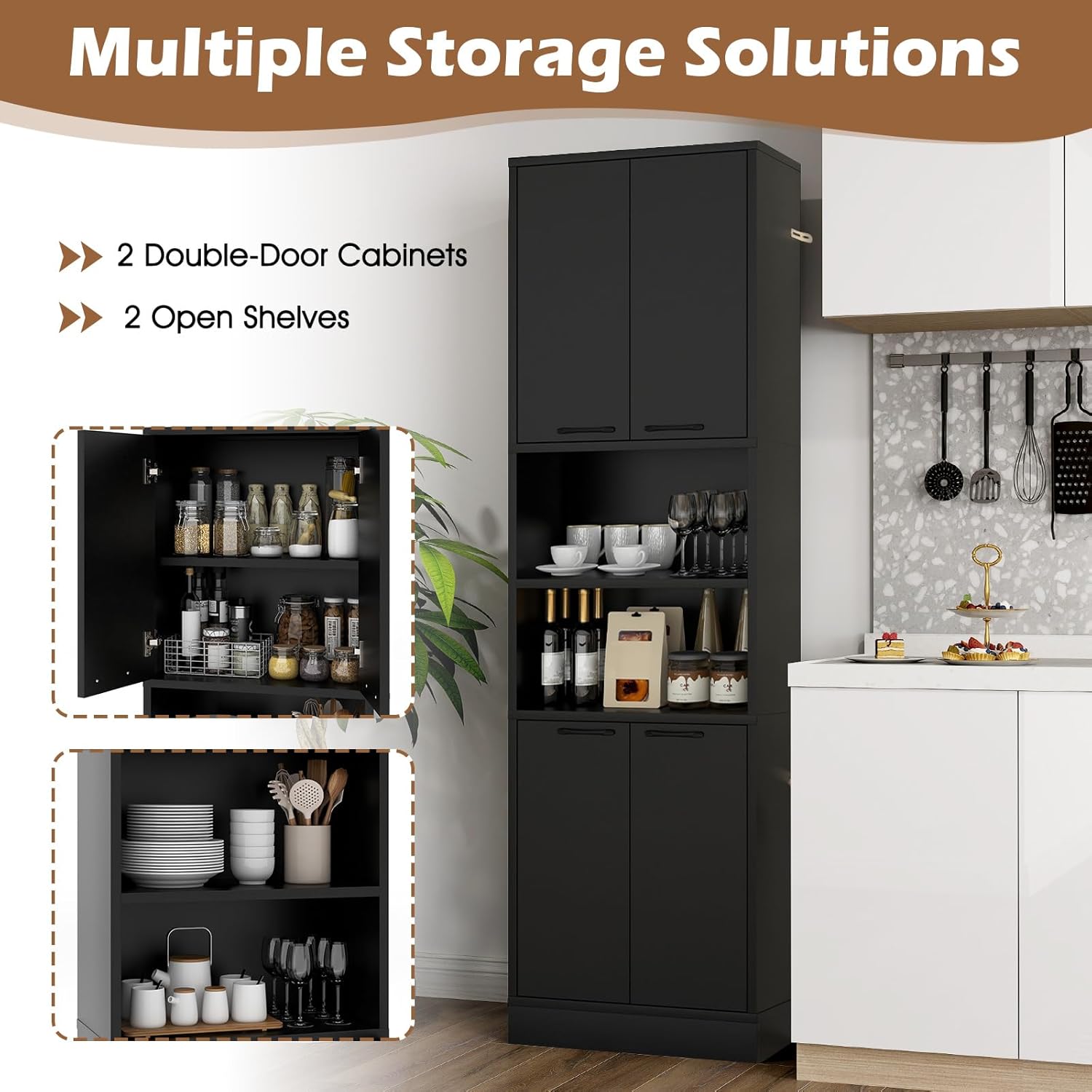 75’’ Kitchen Hutch with Doors & Open Shelves Bathroom (Black) | IFANNY CORE